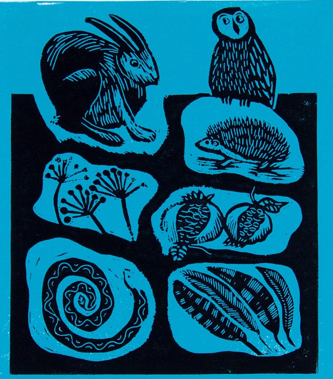 Linocut animal print woodland animals hare print owl art | Etsy
