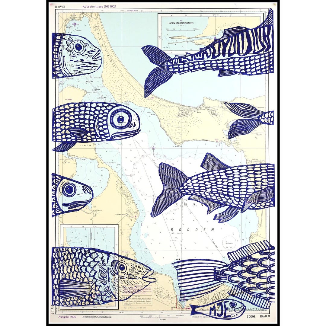 Linocut, With the Tide, Vintage Map, Nautical Art, Handprinted, One of ...