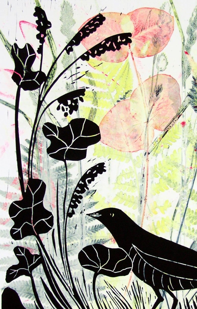 Linocut Corncrakes Summer bird flowers nature meadow | Etsy