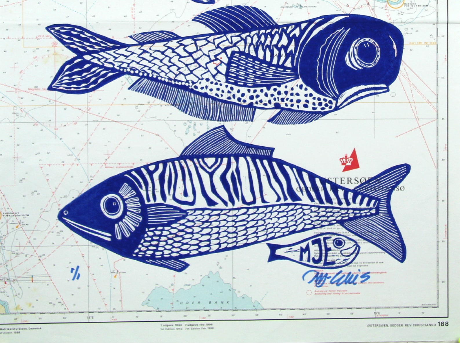 Linocut Print Fish Blue Fish on Sea Chart Handprinted - Etsy