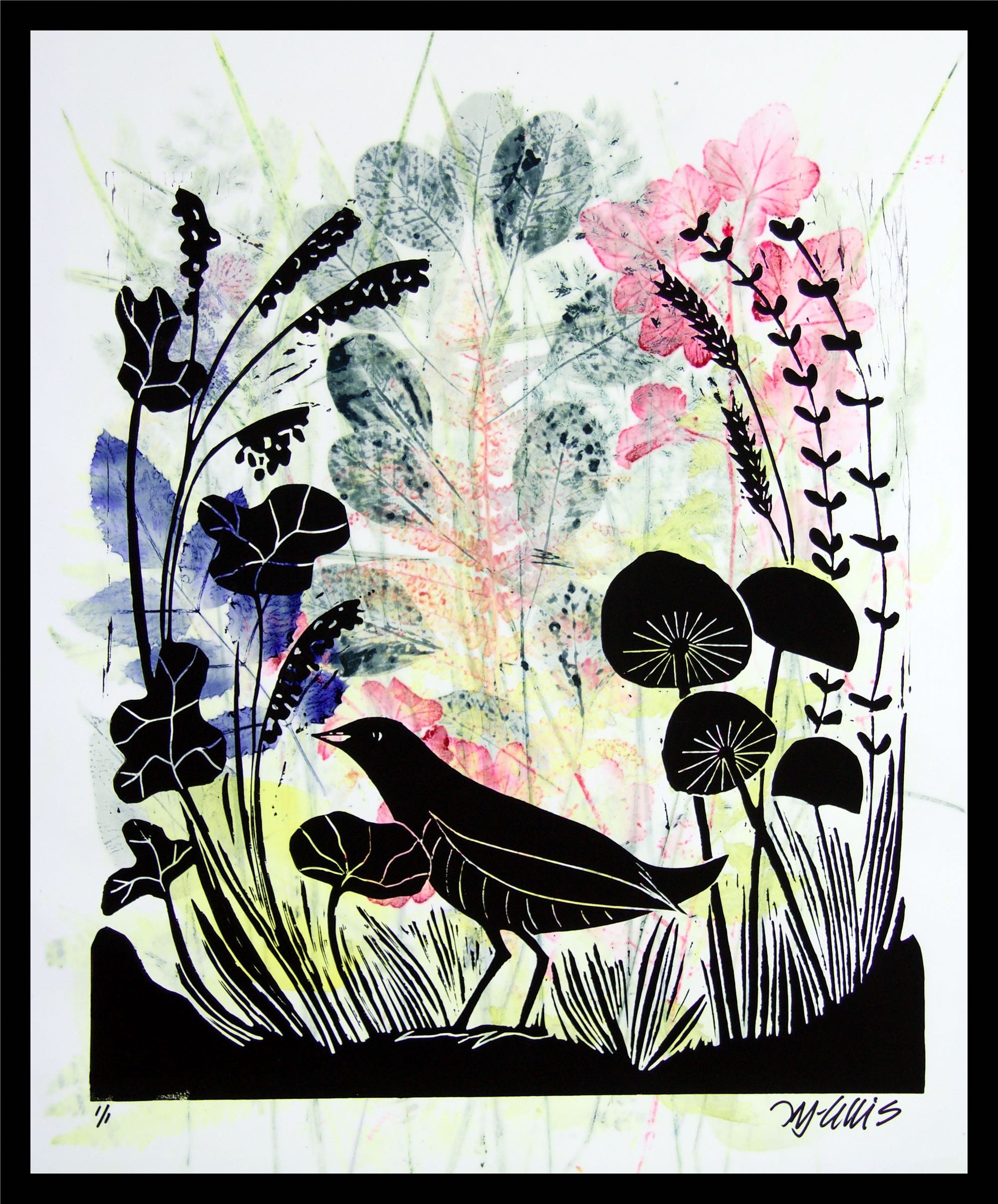 Linocut Corncrakes Summer Bird Flowers Nature Meadow | Etsy