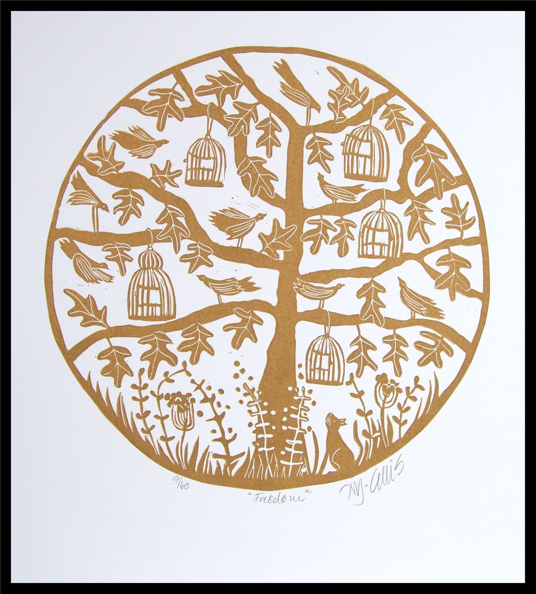 Freedom Round Linocut on Paper Gold and White Birds - Etsy