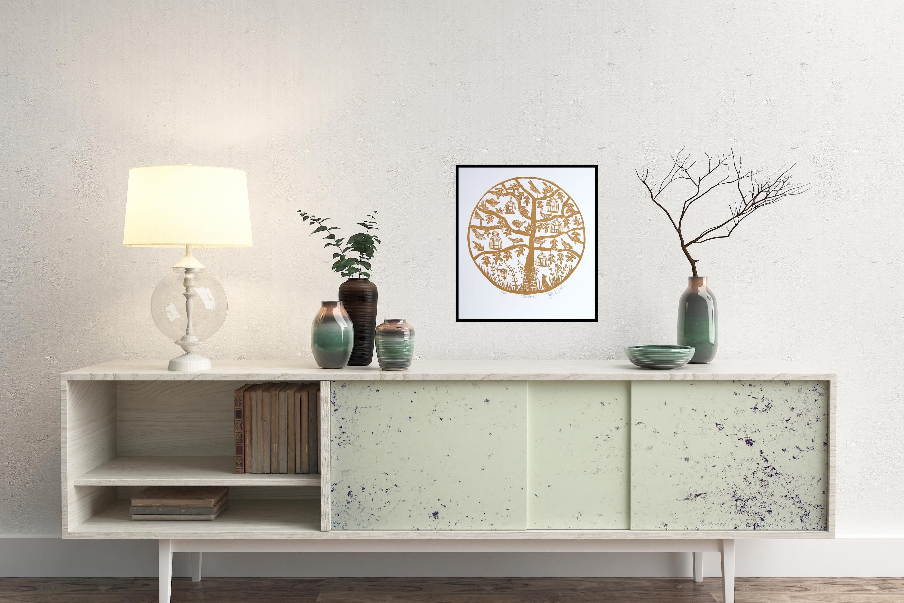 Freedom Round Linocut on Paper Gold and White Birds | Etsy