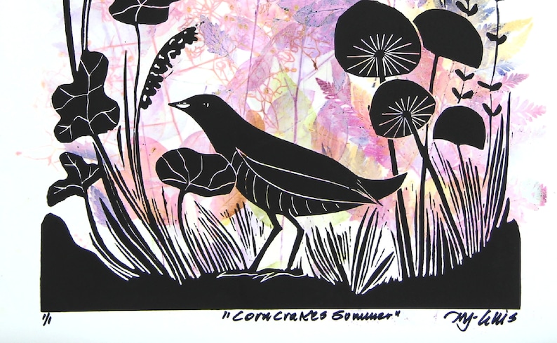 Linocut Corncrakes Summer Bird Flowers Nature Meadow - Etsy