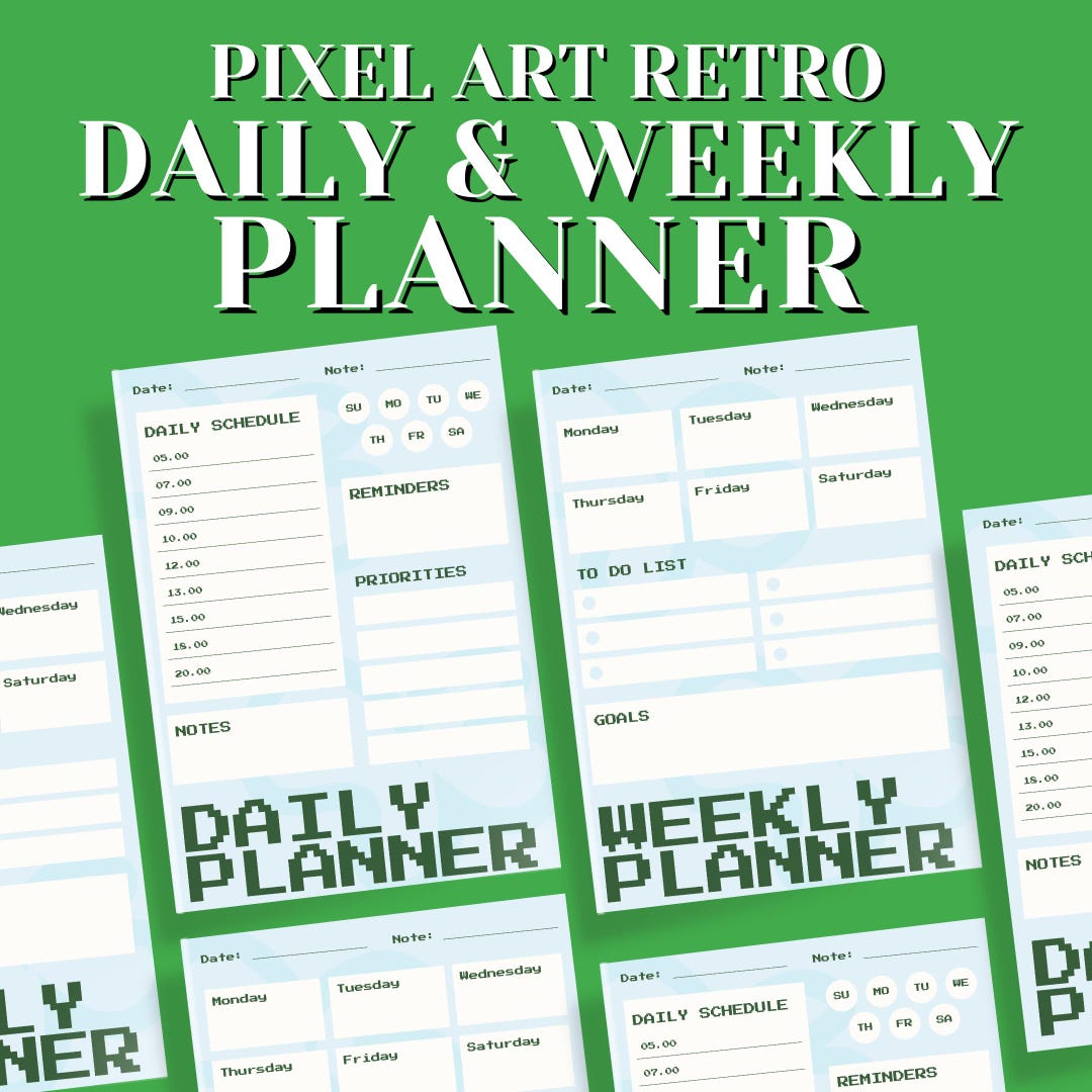Daily Weekly Planner Pixel Art Retro Digital Printable PDF Productivity ...