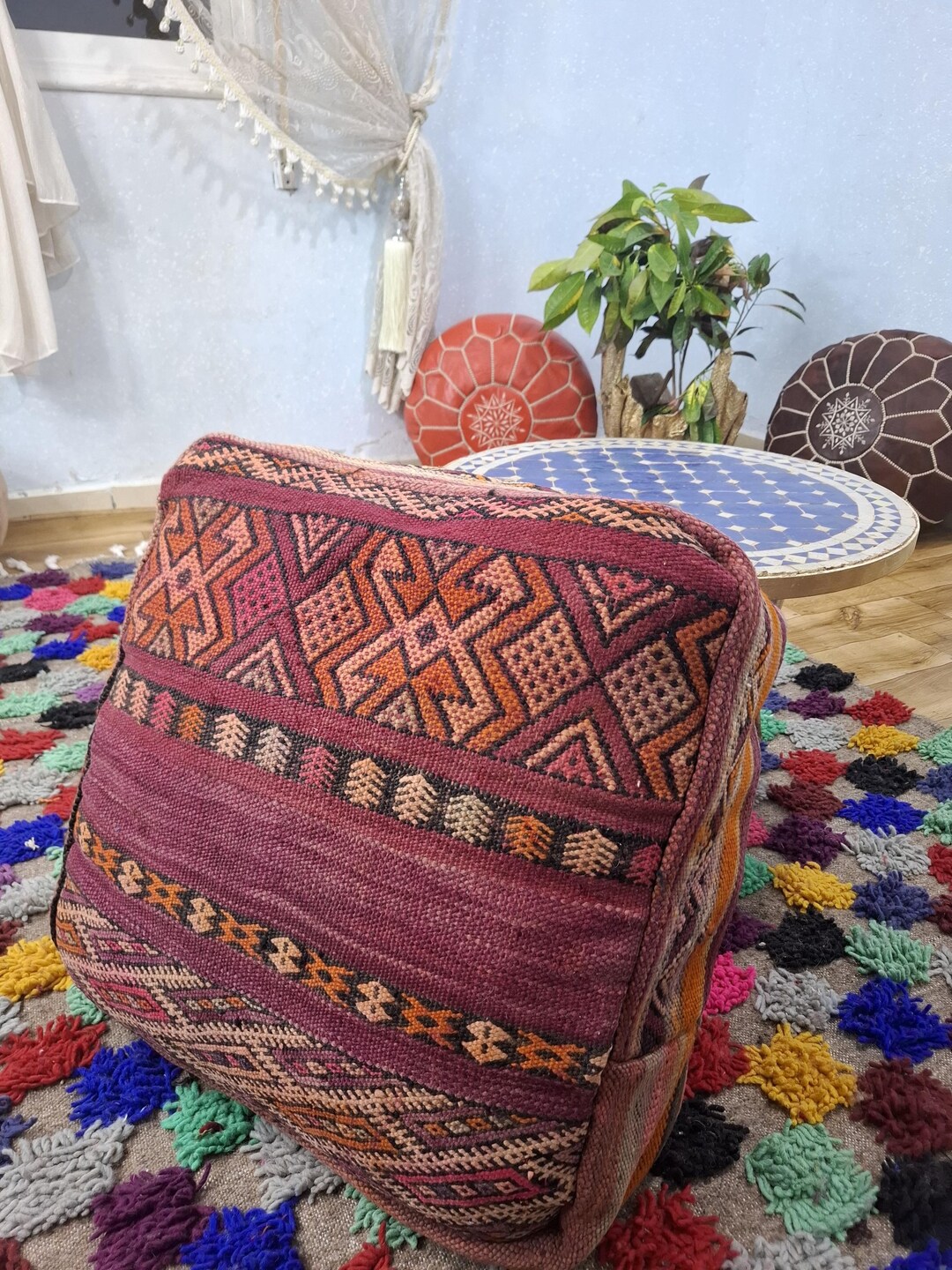 Vintage Kilim Pouf 100% Wool - Old Rug Pouf ,vintage Floor Cushion ...