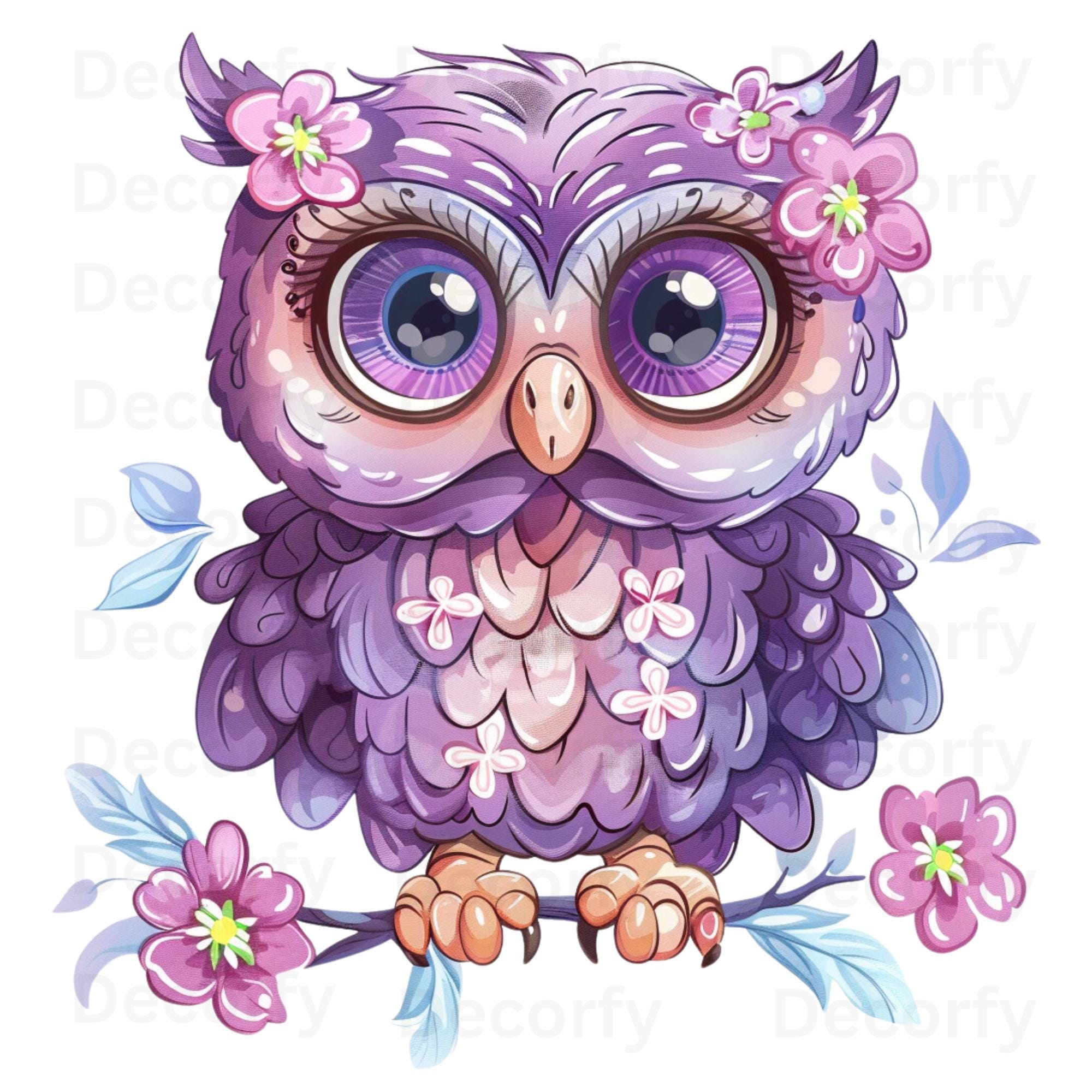Purple Floral Owl Clipart | Cute Owl SVG PNG | Kawaii Owl With Flowers ...