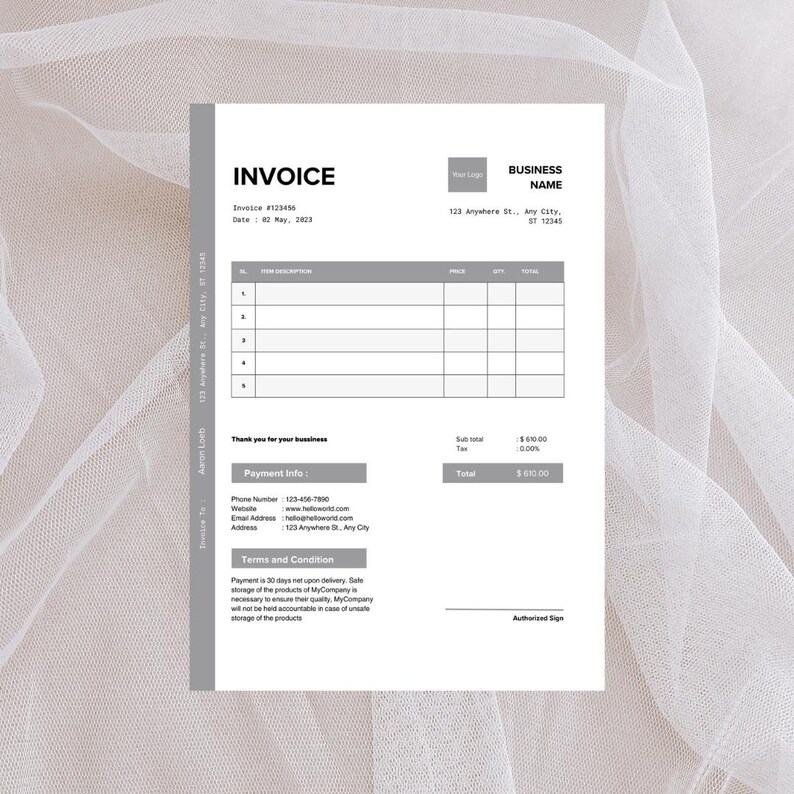 Editable Invoice Template, Small Business Billing Form, Printable Order ...