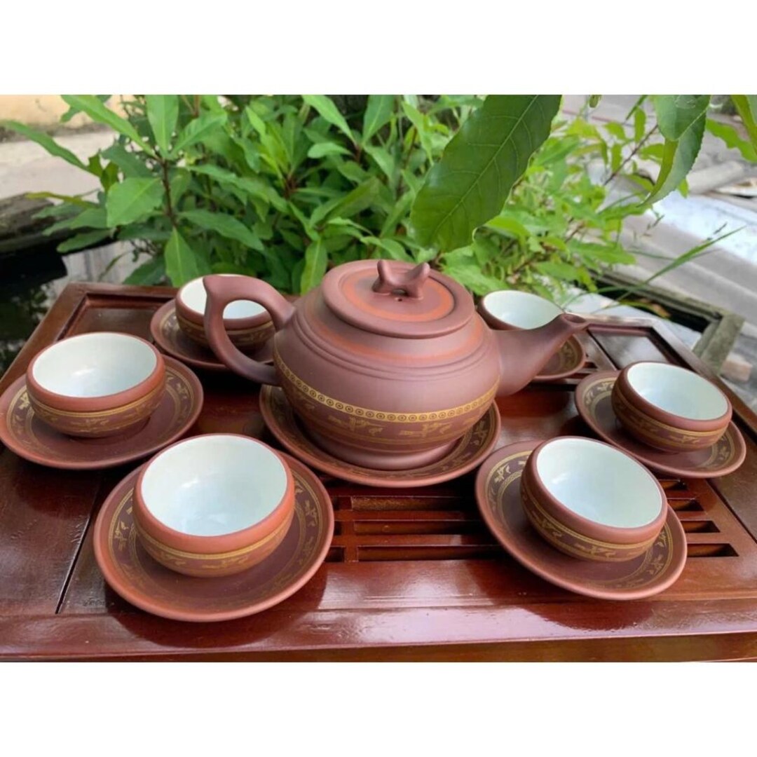 Bat Trang Bronze Drum Tea Set - Premium Quality Military Green Brown - Etsy