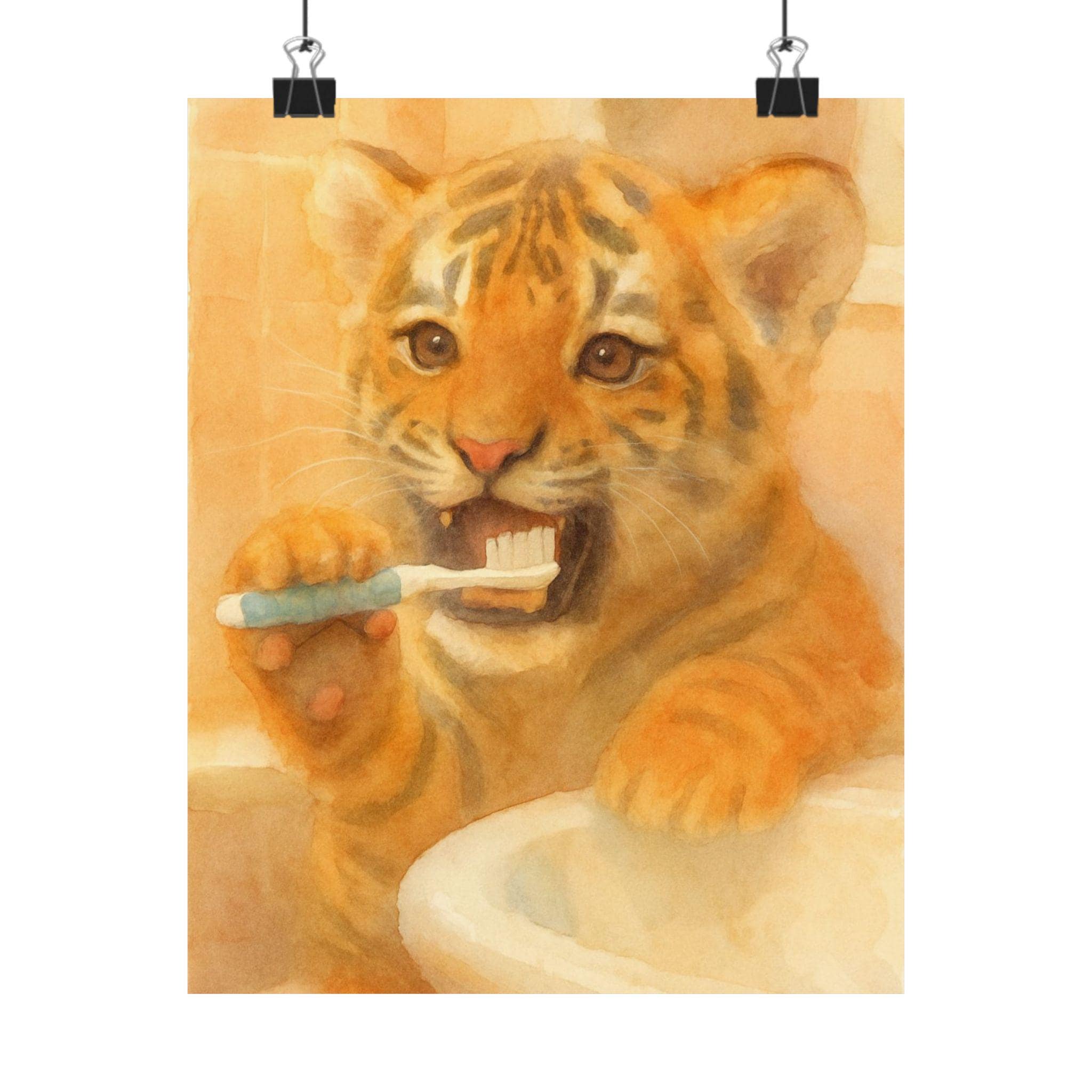 Cute Tiger Cub Brushing Teeth Poster, Kids Bathroom Decor, Animal Wall ...