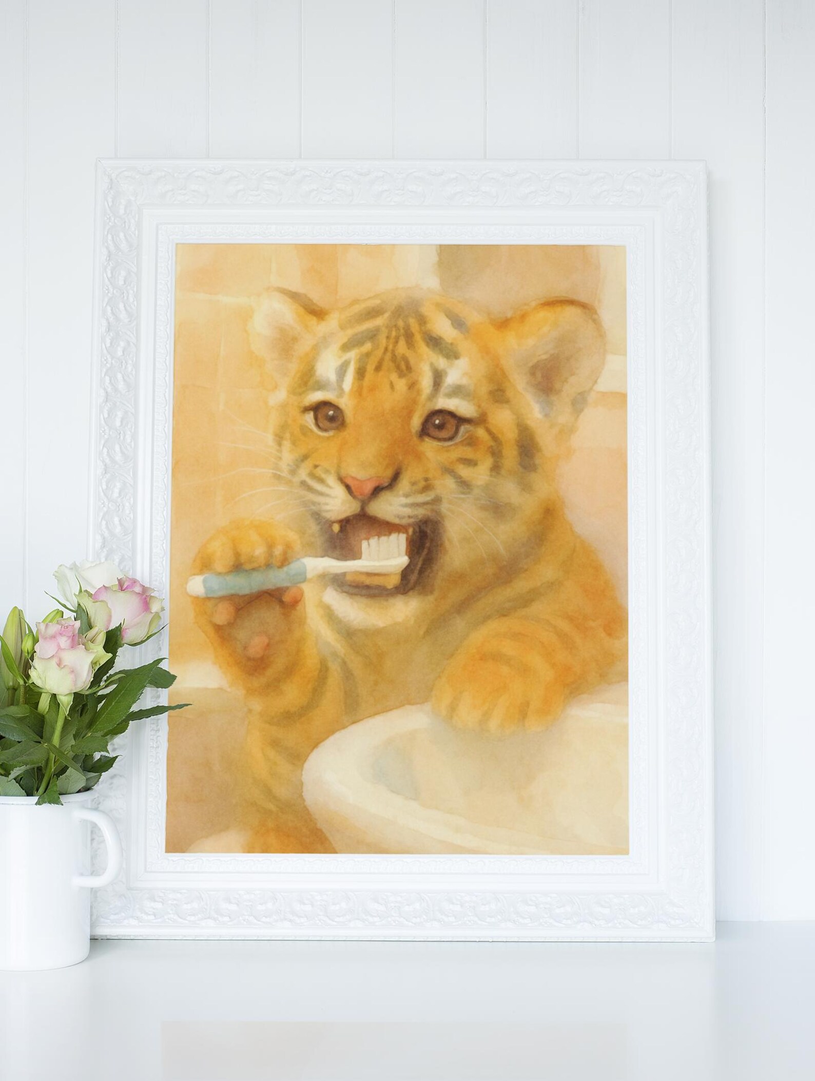 Cute Tiger Cub Brushing Teeth Poster, Kids Bathroom Decor, Animal Wall ...