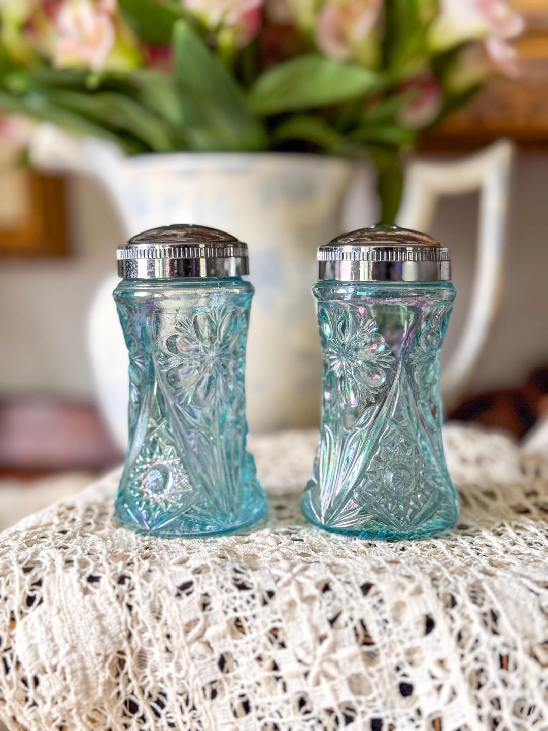 Vintage Imperial Glass Blue Cosmos Carnival Salt & Pepper Shaker Set W ...