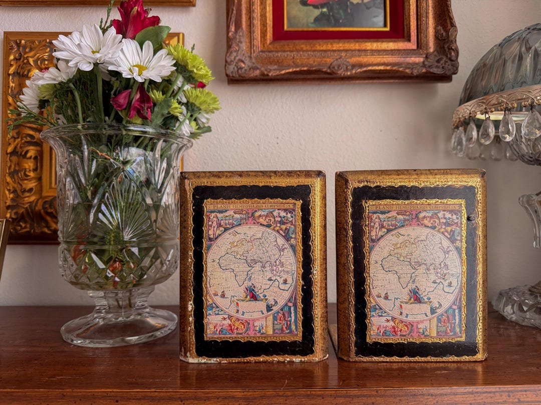 Vintage Italian Florentine Gilt Wood Bookends With Antique World Map ...