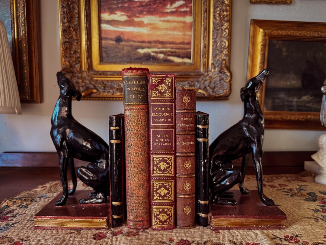 Vintage Greyhound Dog Bookends – Sitting Whippet Figures on Faux Book ...