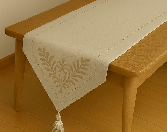 Elegant Damask Table Runner With Tassels, 14x108 Inch, Beige Jacquard ...