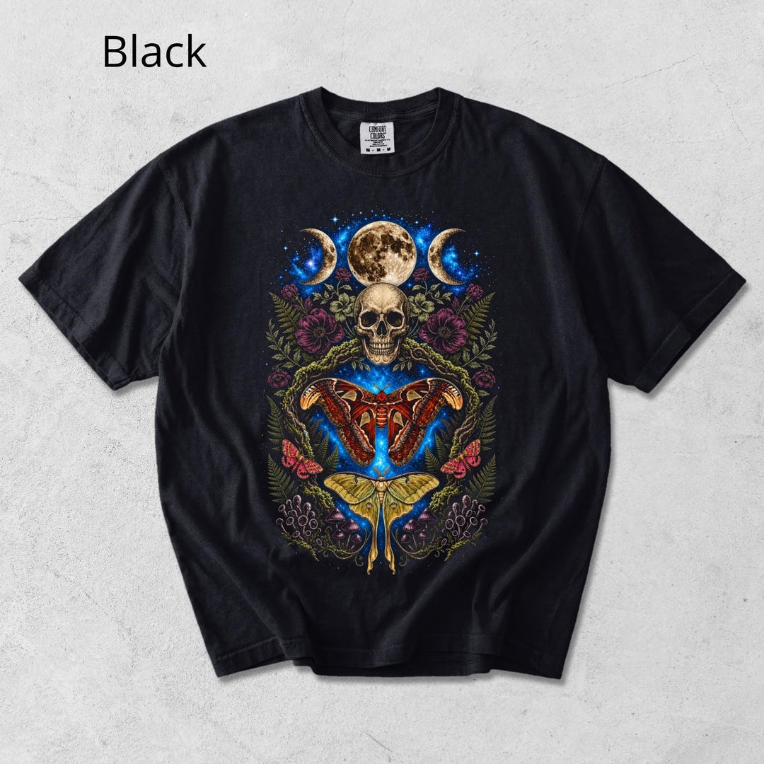 Moon Phase and Monarch Shirt, Goth Skull Tee, Floral Skeleton T-shirt ...