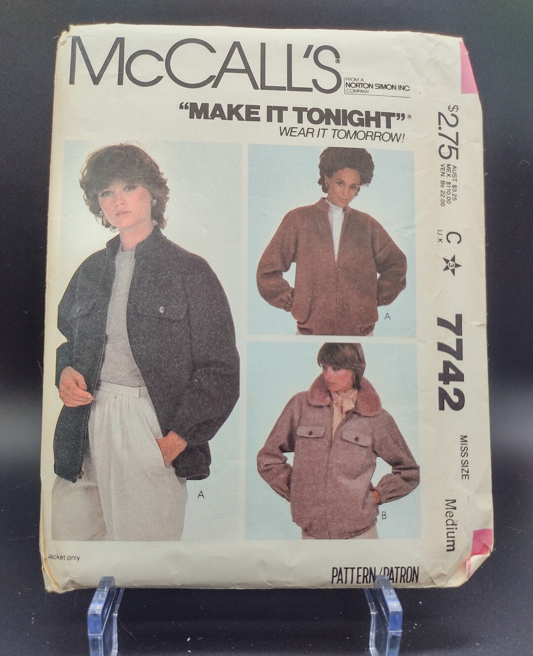 1980s Women's Bomber Jacket Sewing Pattern - Mccall's 7742 - Size ...
