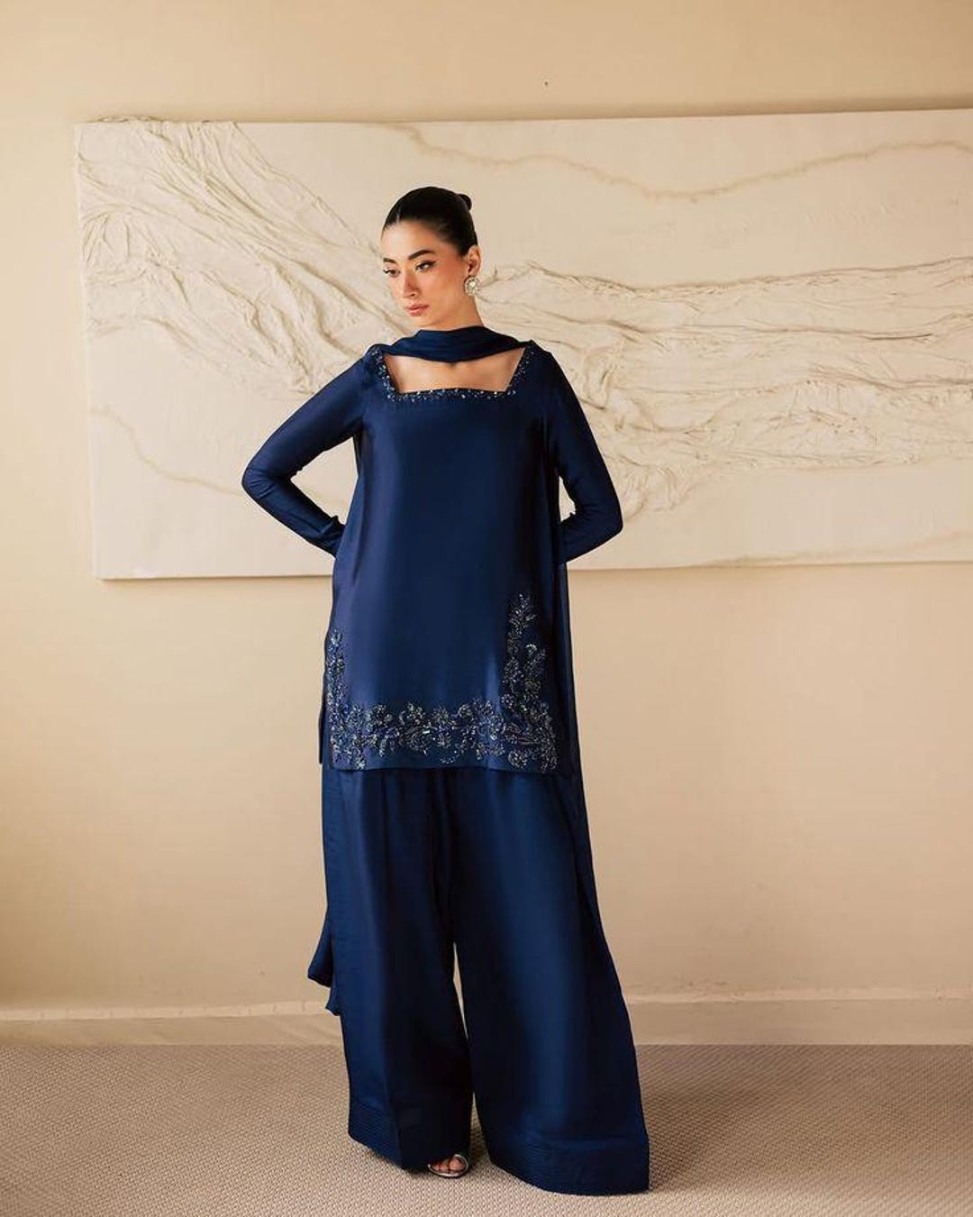Elegant Navy Blue Farshi Shalwar Kameez With Embellished Detailing ...