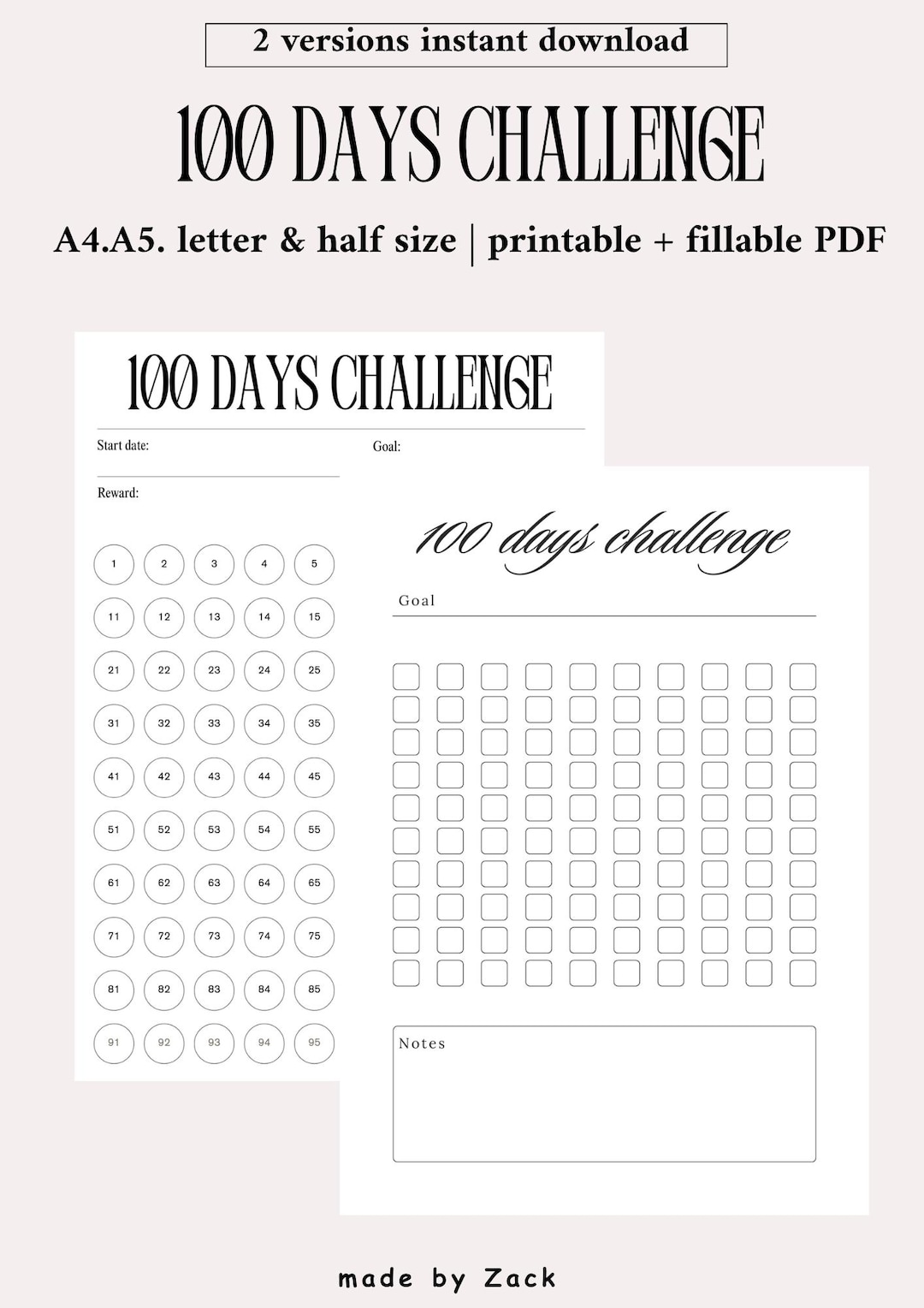 100 Day Challenge Tracker Printable – Goal & Habit Planner PDF – A4, A5 ...