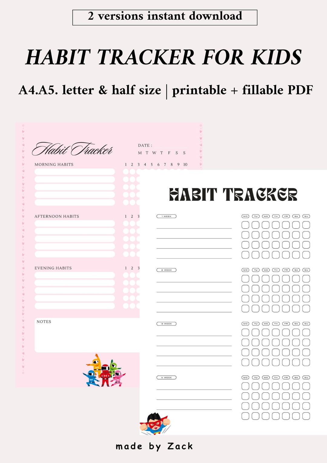 Habit Tracker for Kids Printable A4 A5 Letter Half Size Daily Chart PDF ...