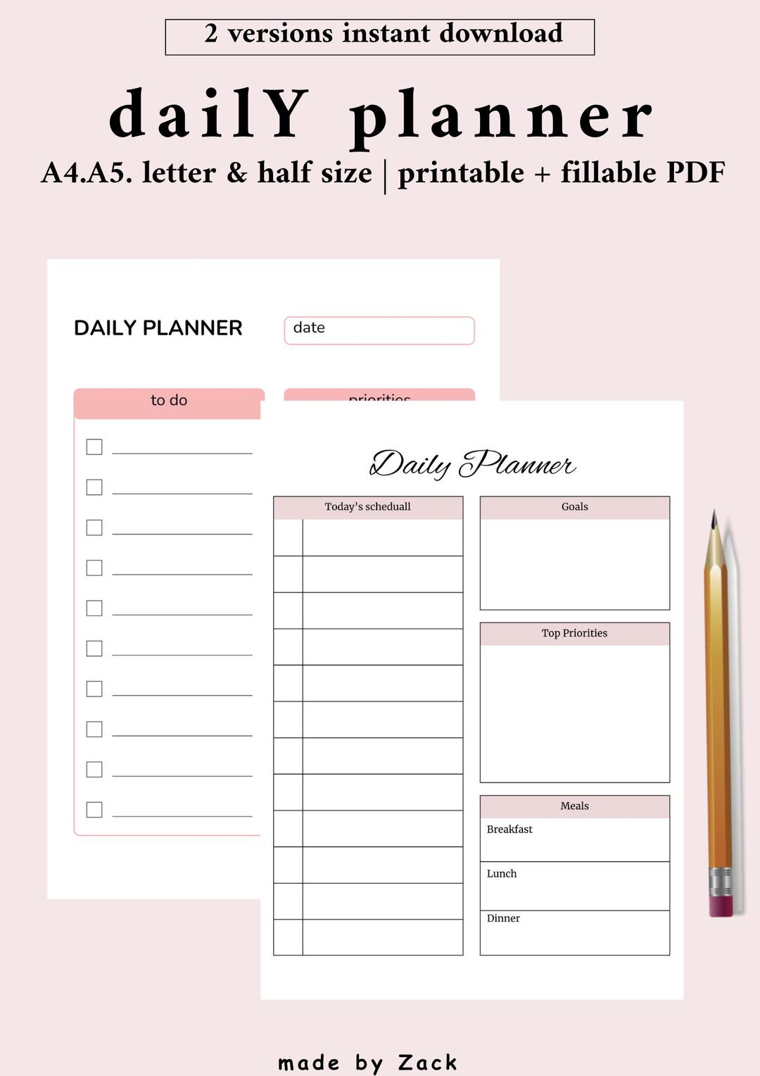 Daily Planner Printable PDF A4 A5 Letter Half Size Schedule Organizer ...
