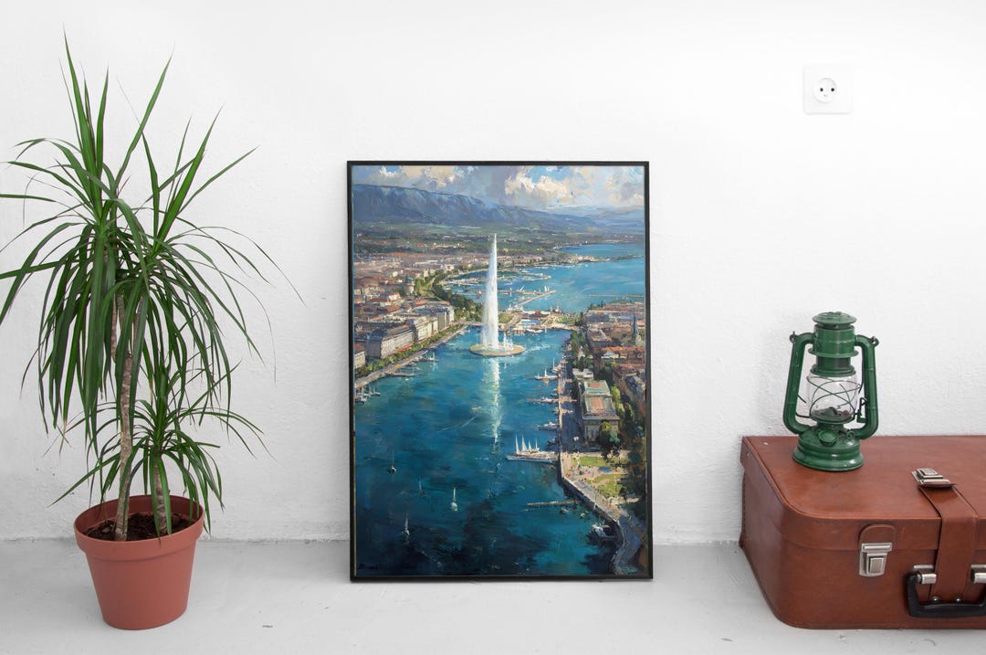 Geneva Switzerland Art Print, Jet D'eau Lake Geneva Painting, Swiss ...