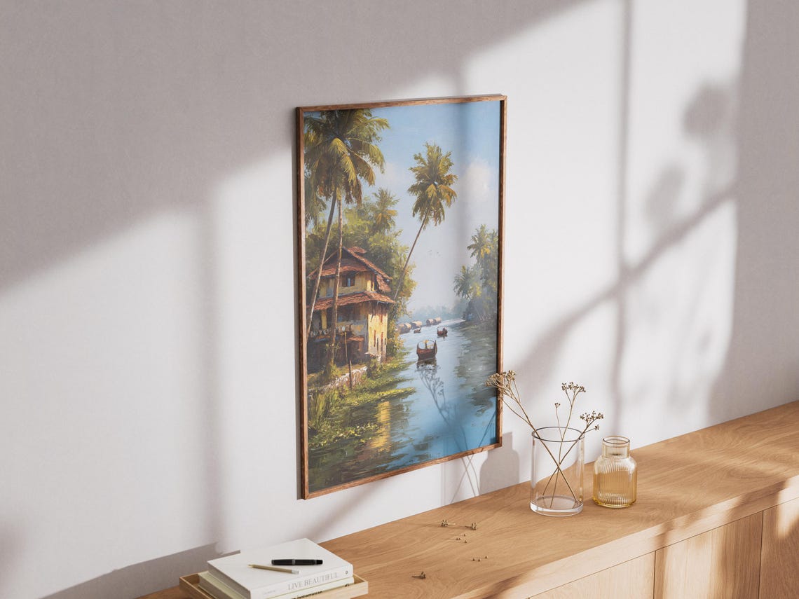 Kerala India Backwaters Art, Tropical River House Painting, Palm Tree ...