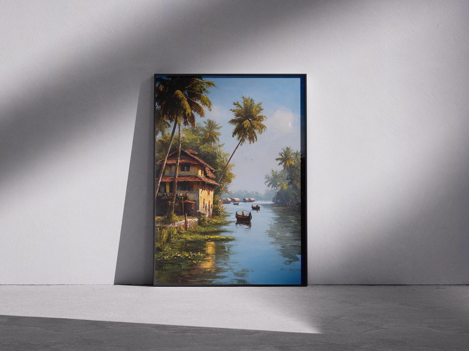 Kerala India Backwaters Art, Tropical River House Painting, Palm Tree ...