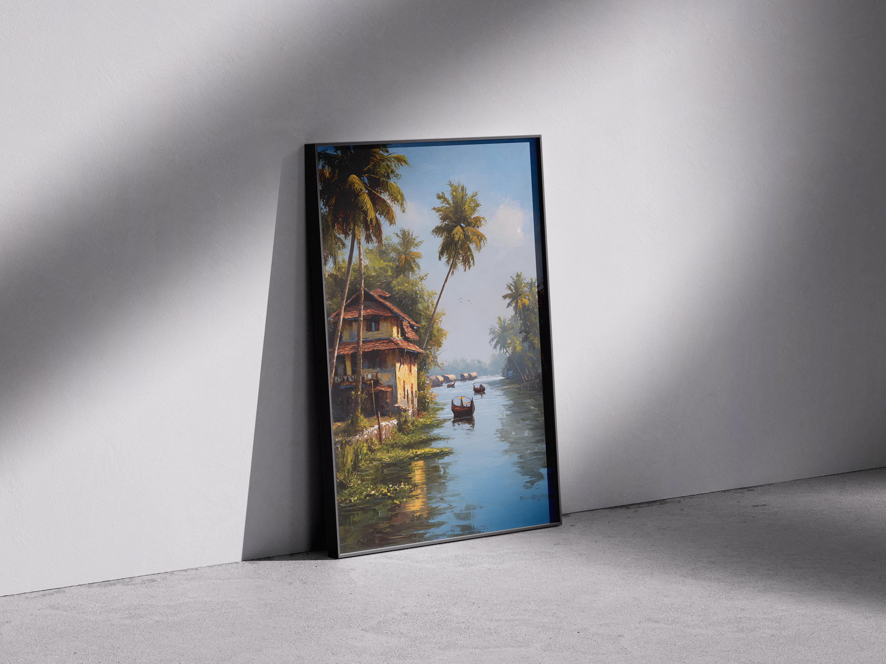 Kerala India Backwaters Art, Tropical River House Painting, Palm Tree ...