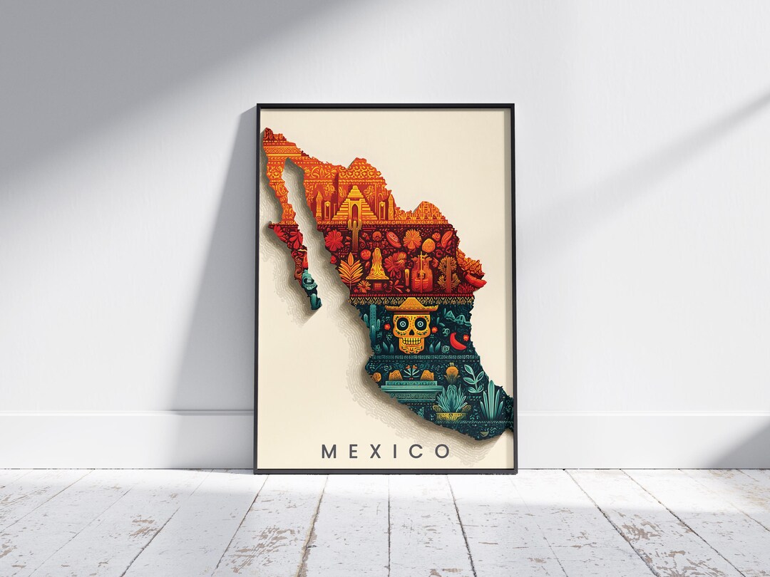 Mexico Map Art Print, Mexican Folk Art Decor, Vibrant Travel Poster ...