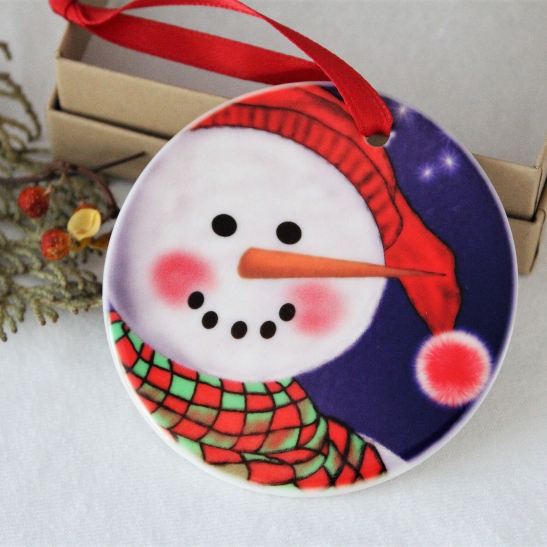 Round Ceramic Snowman Ornament, Original Art Holiday Ornament, Xmas ...