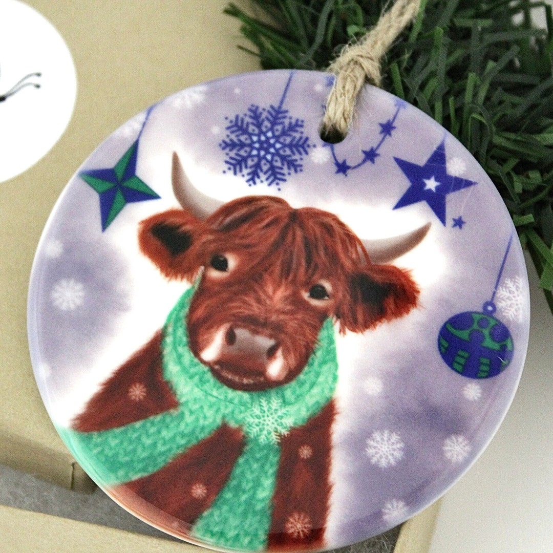 Round Highland Cow Ceramic Ornament - Etsy