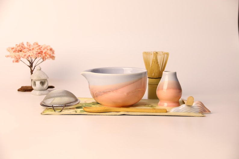 Handmade Matcha Bowl Set – Sunrise Peach & Mist Blue Gradient Glaze ...