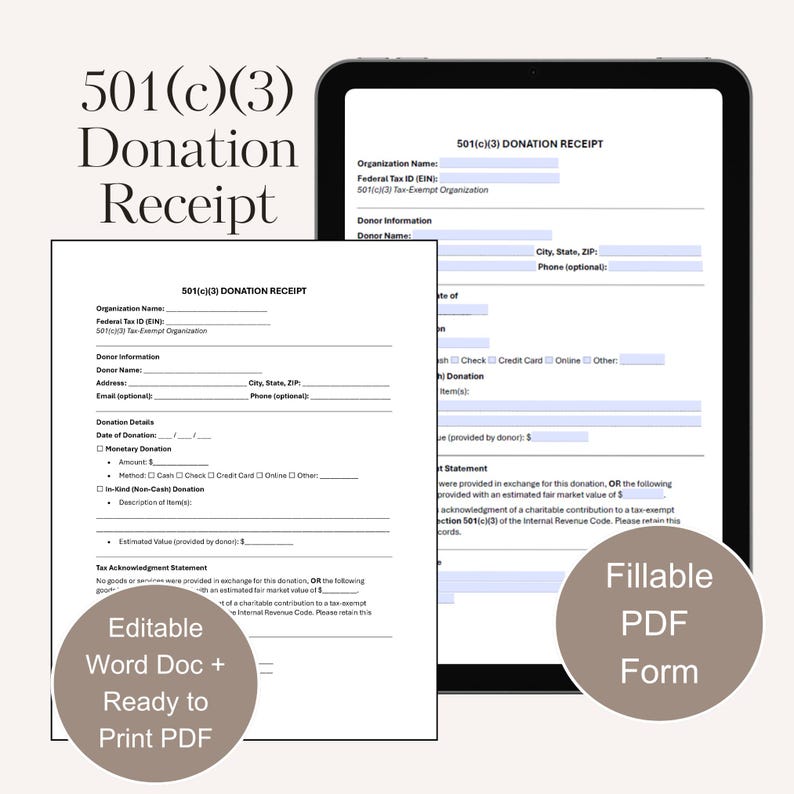 501(c)(3) Donation Receipt Form | Nonprofit and Charity Template | PDF ...