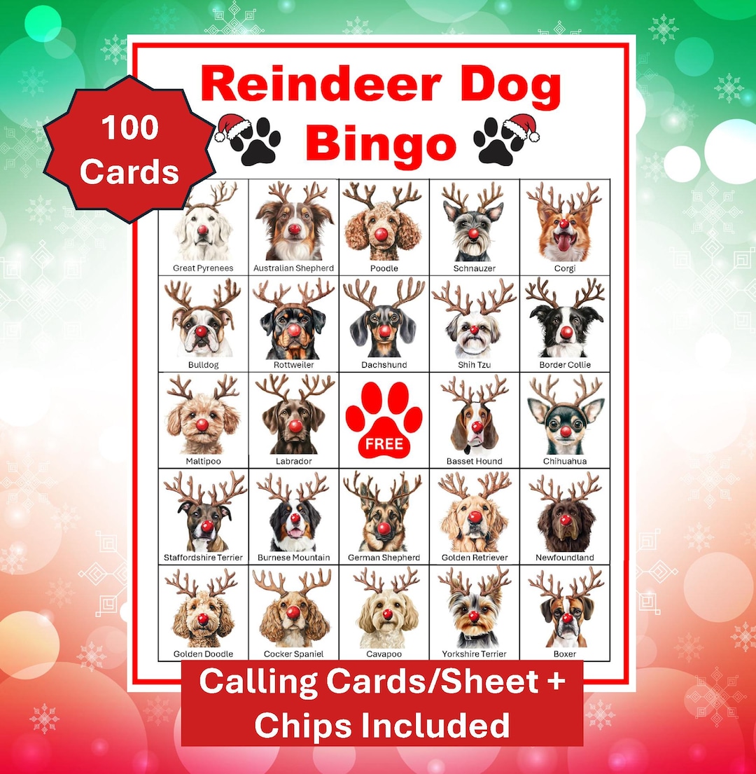 Christmas Dog Bingo Game | Dog Breeds | Reindeer Dogs | 100 Cards + Paw ...