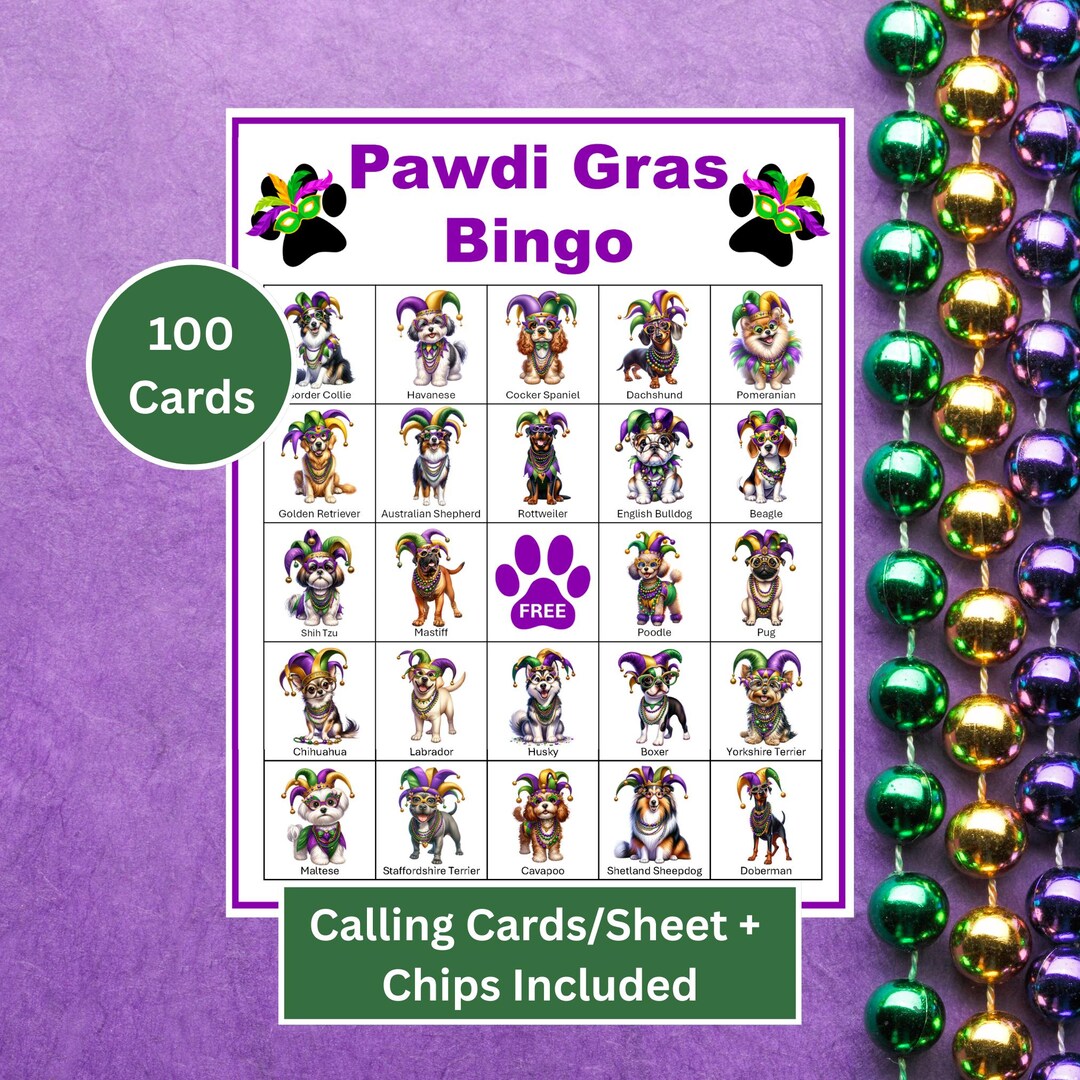 Pawdi Gras Bingo Game – Mardi Gras Dog Bingo | Printable Party Game ...