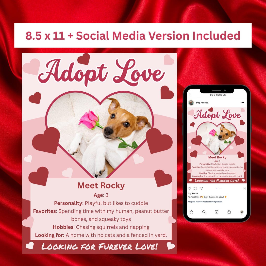 Adopt Love Dog Adoption Flyer Template | Valentine’s Day Pet Adoption ...