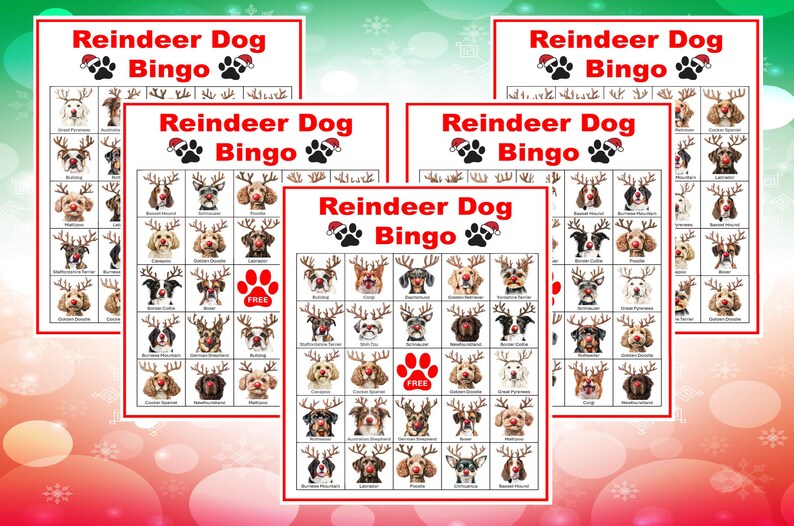 Christmas Dog Bingo Game | Dog Breeds | Reindeer Dogs | 100 Cards + Paw ...