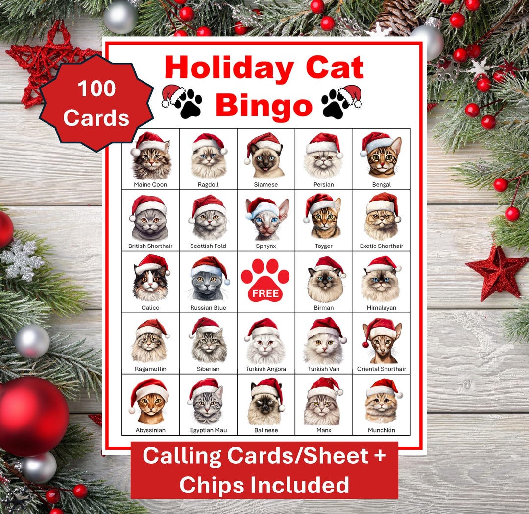 Holiday Cat Bingo Game | Cat Breeds | Christmas Bingo | 100 Cards + Paw ...
