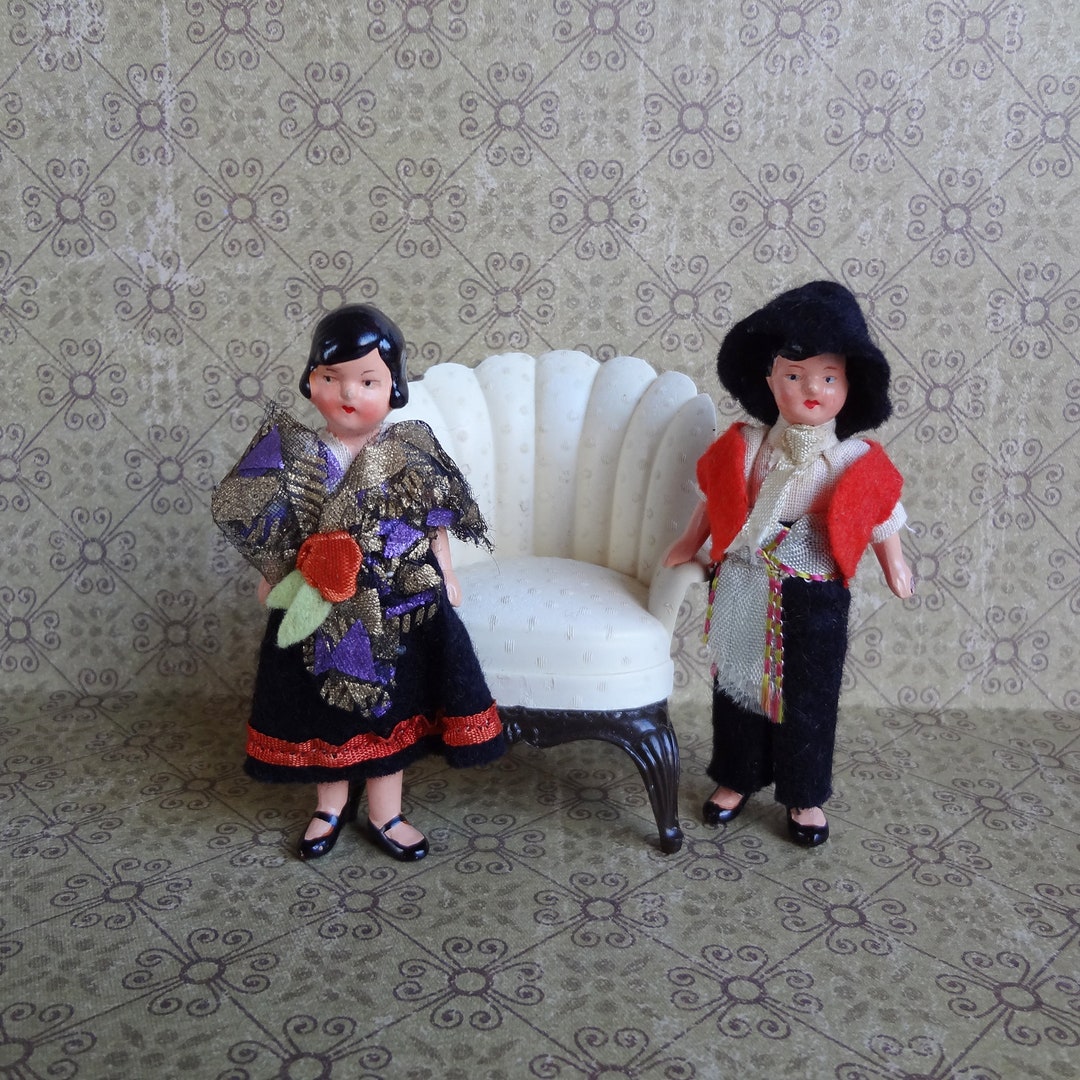 Antique Hertwig Bisque Miniature Spain Couple * 5 Pcs Wire Jointed 3-1/ ...