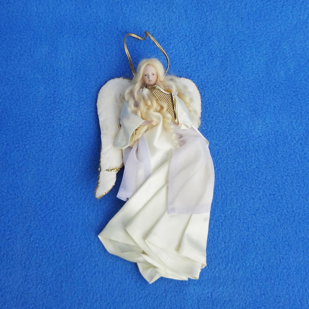 Vintage Bisque Angel With Harp, OOAK Handmade, off White Satin Robe ...