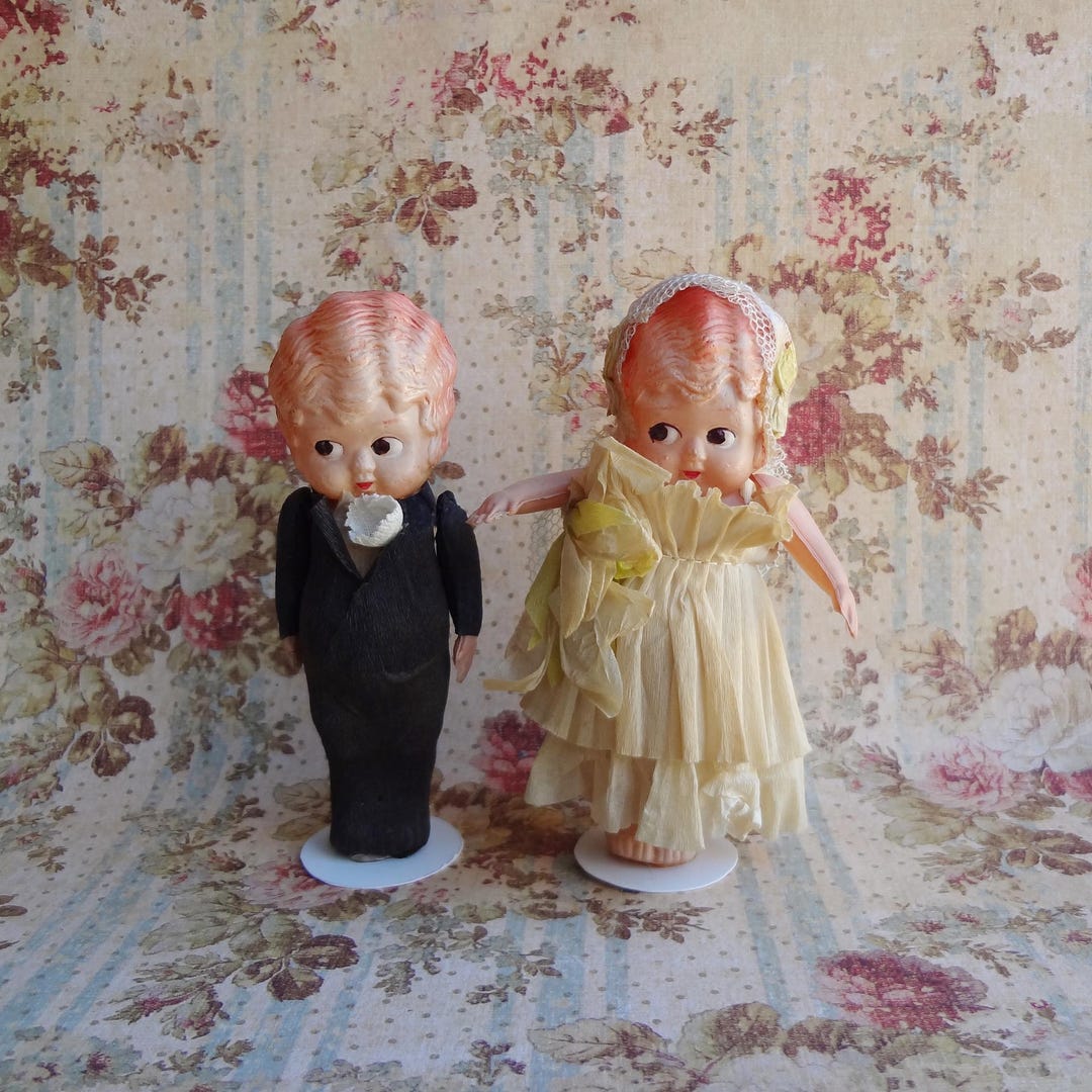 Antique Bridal Couple Cake Toppers * 1920's Celluloid Strung Arms Bride ...