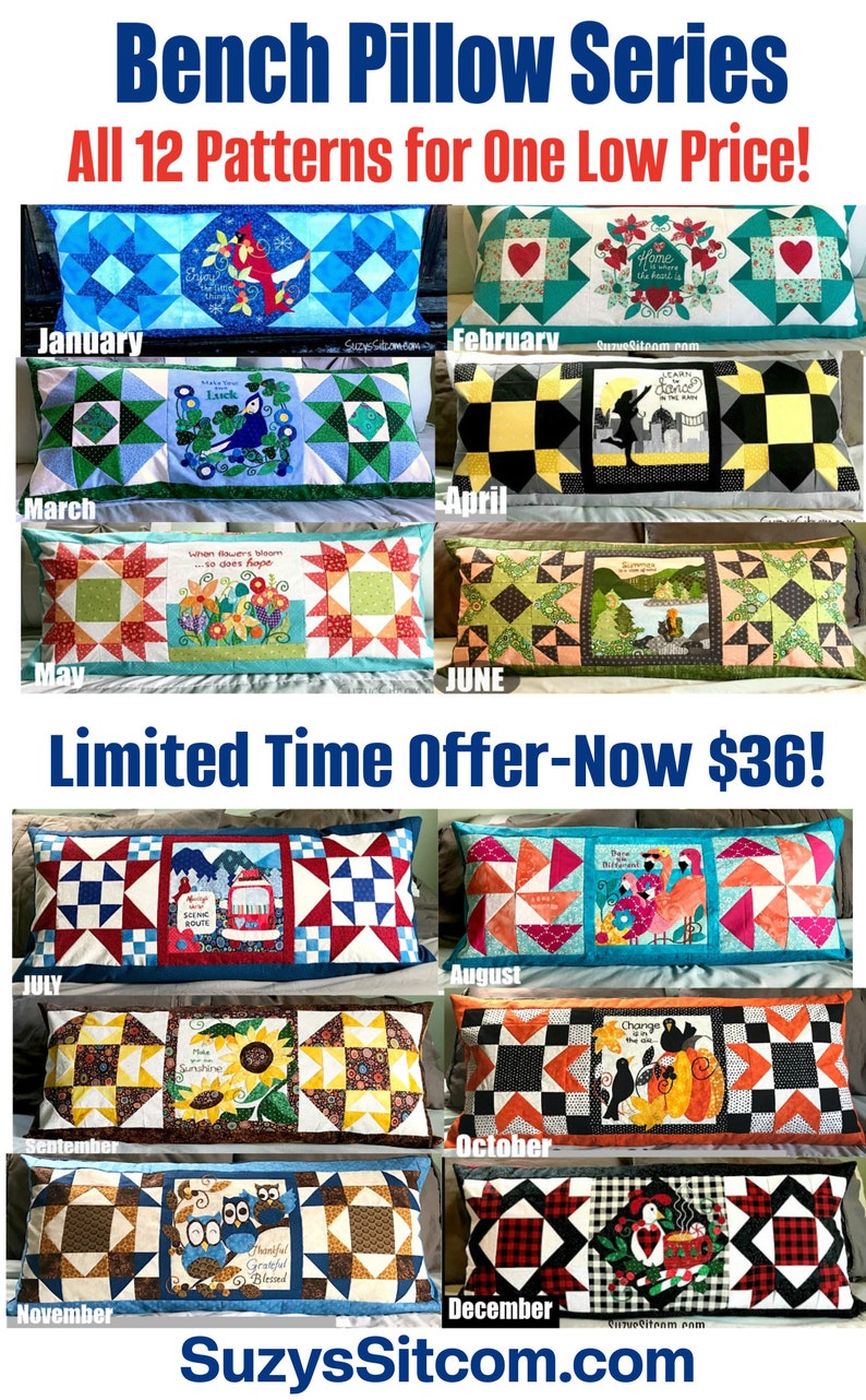 Bench Pillow Cover Patterns, Applique Quilt Block, Full Set (digital ...