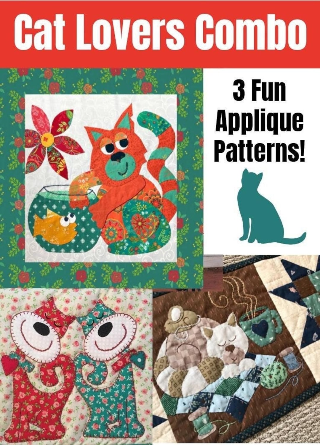Cat Quilt Patterns, Applique Designs, 3-pattern Set (digital Download ...