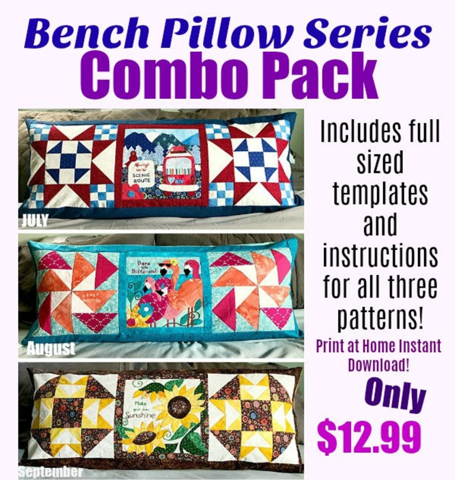 Combo Pack Bench Pillow Pattern Quilt Block Pattern Digital - Etsy