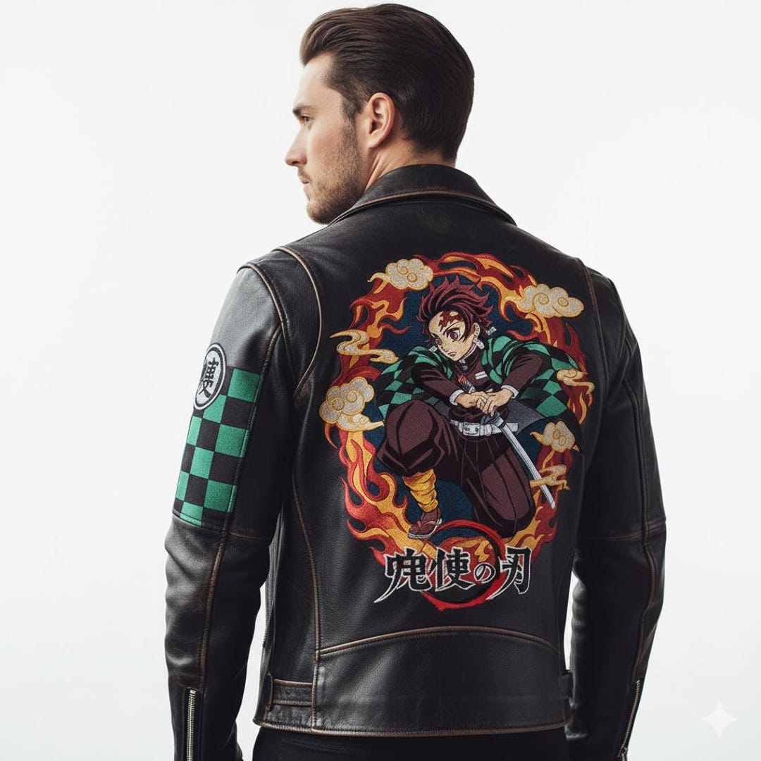 Demon Slayer Tanjiro Leather Jacket | Anime Cosplay Embroidered Coat ...