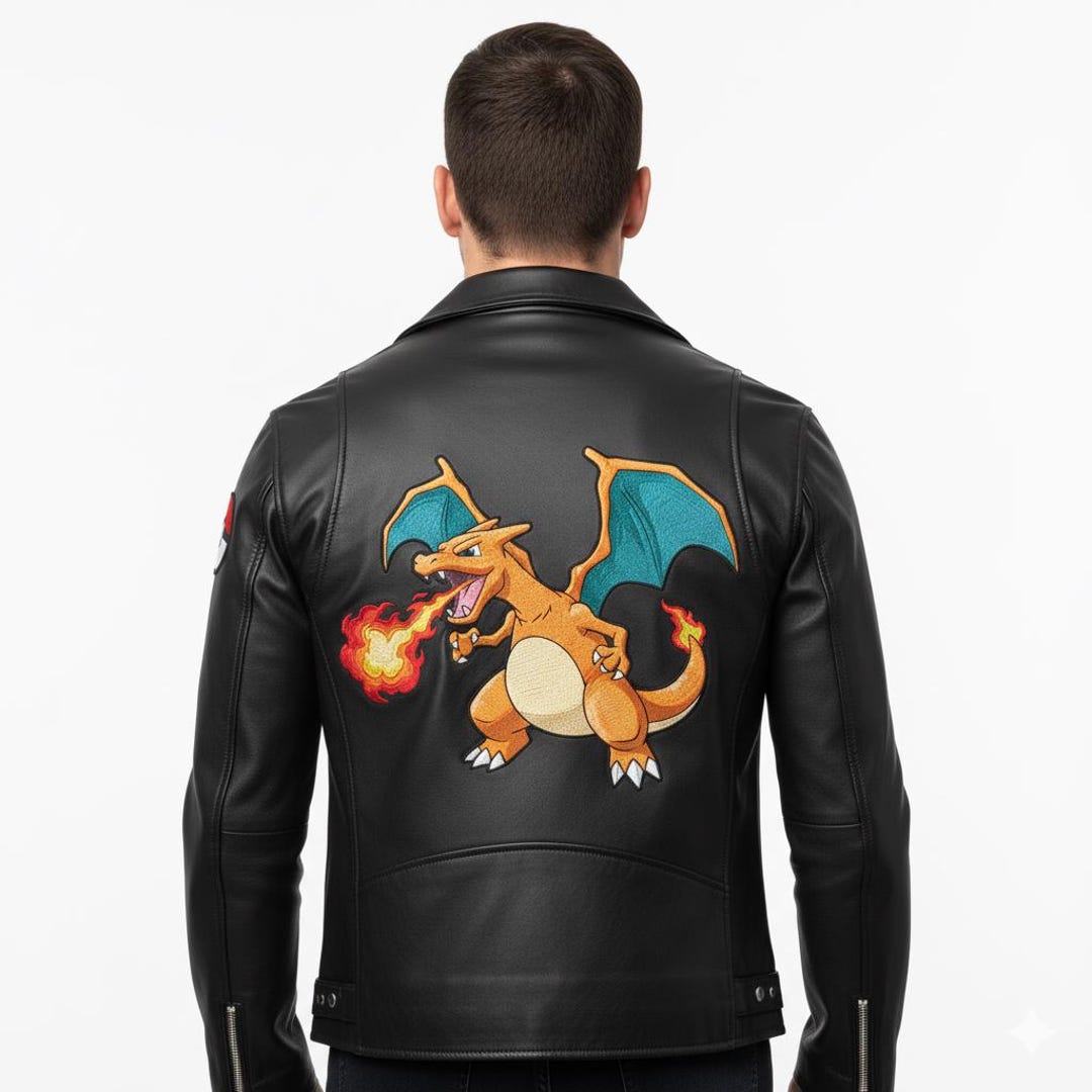 Charizard Leather Biker Jacket: Embroidered Anime Fire Dragon Cosplay ...