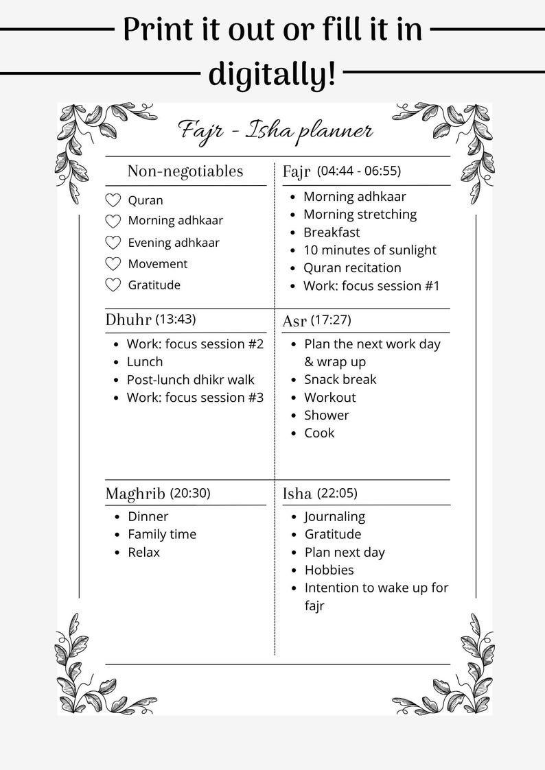 Printable Fajr - Isha Planner Sheet - Plan Your Day Around Salah - Etsy