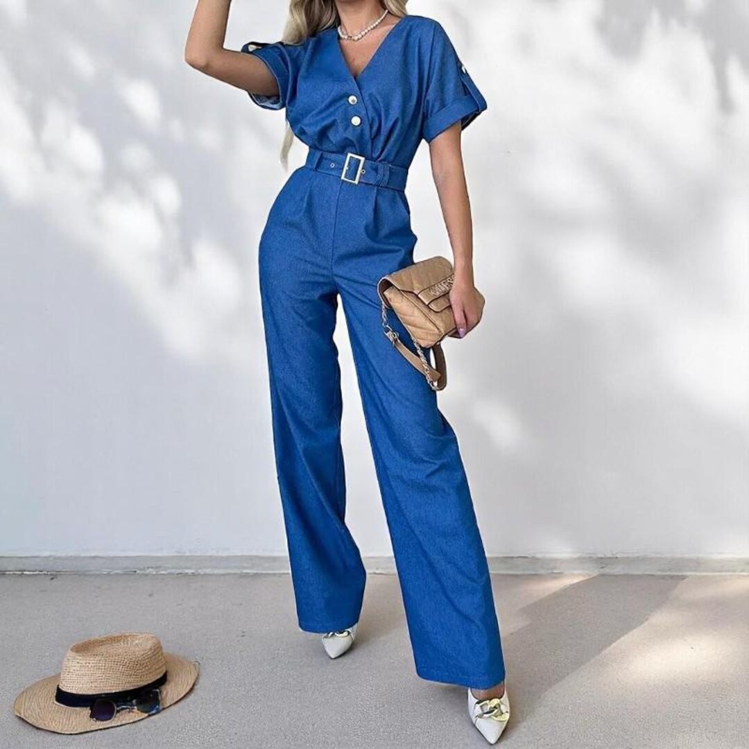 Blue Short Sleeve Denim Romper for Women With V-neck and Belt, Summer ...