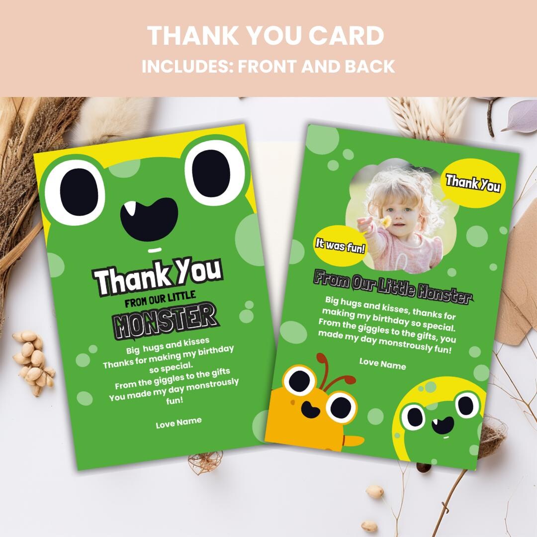 Kids Green Monster Thank You Card: Editable Birthday Party Decor ...
